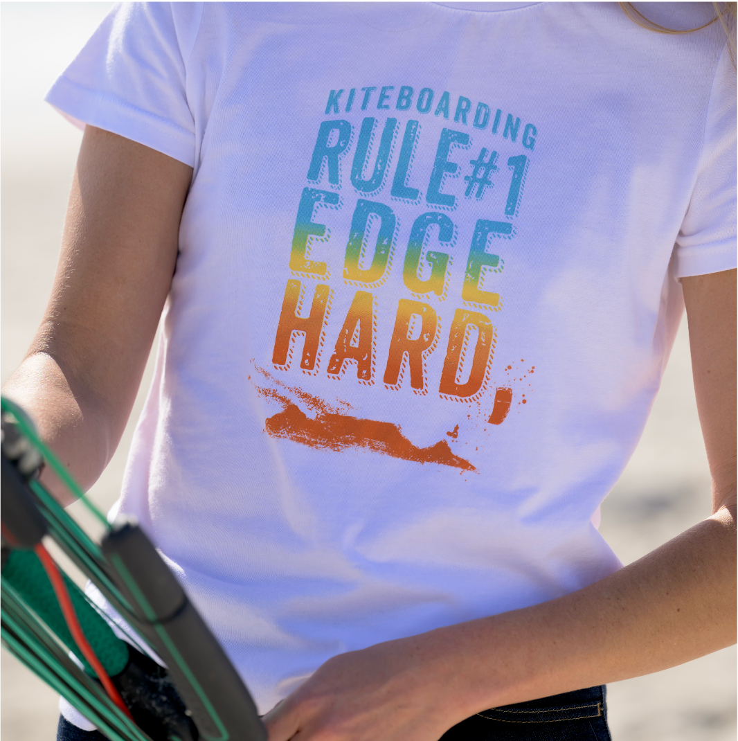 Ladies kiteboarding white t-shirt: Rule #1 EdgeHard Print